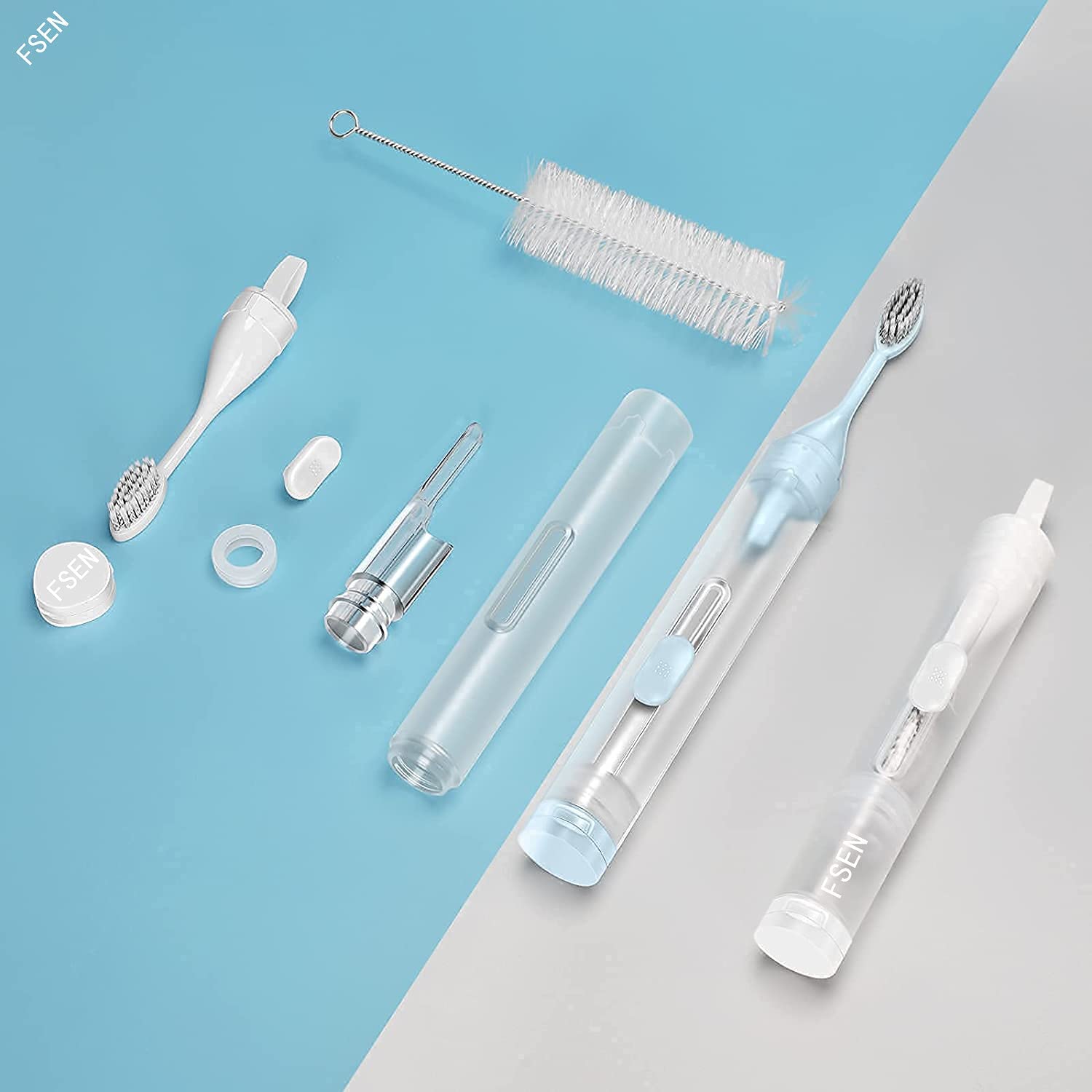 FSEN Portable Travel Toothbrush, 3 in 1 with Travel Case and Extra Soft Bristles and Built-in Refillable Toothpaste Tube kit,Camping Travel Essential Accessories