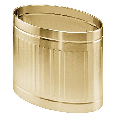 mDesign Slim Oval Steel Metal 2.25 Gallon/8.5 Liter Trash Can Wastebasket, Garbage Bin for Bathroom, Kitchen, Bedroom, Office - Hold Trash, Refuse, Garbage, Recycling, Oscar Collection, Soft Brass