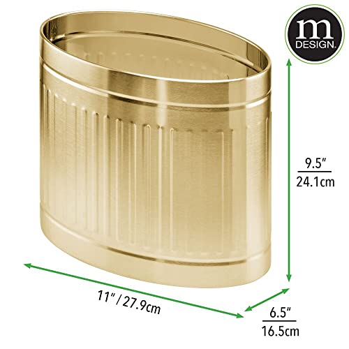 mDesign Slim Oval Steel Metal 2.25 Gallon/8.5 Liter Trash Can Wastebasket, Garbage Bin for Bathroom, Kitchen, Bedroom, Office - Hold Trash, Refuse, Garbage, Recycling, Oscar Collection, Soft Brass