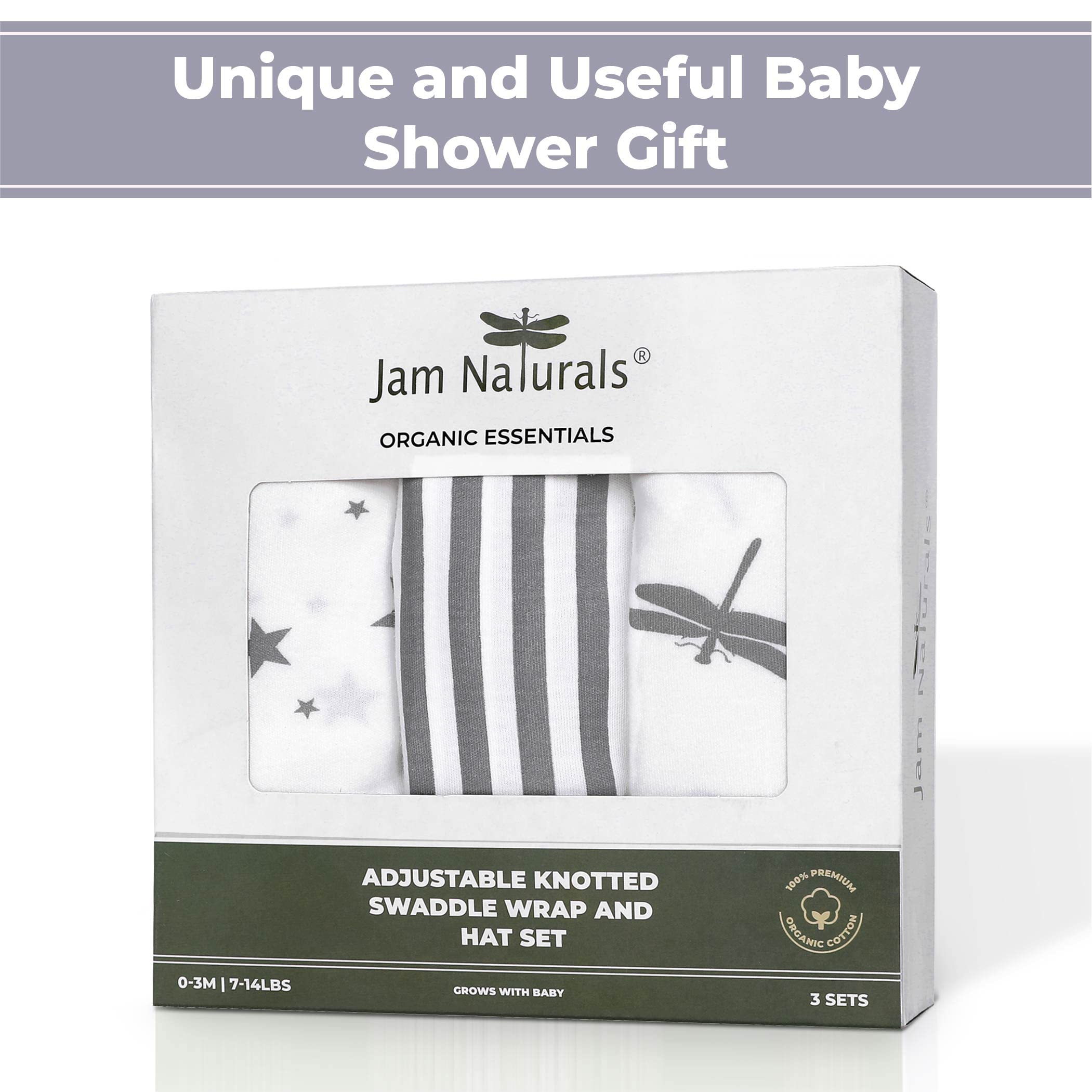 Jam Naturals- Organic Knotted Tie Bottom Adjustable Velcro Swaddle and Hat Set of 3, Newborn Sleep Sack (0-3m, 7-14lbs Grey)