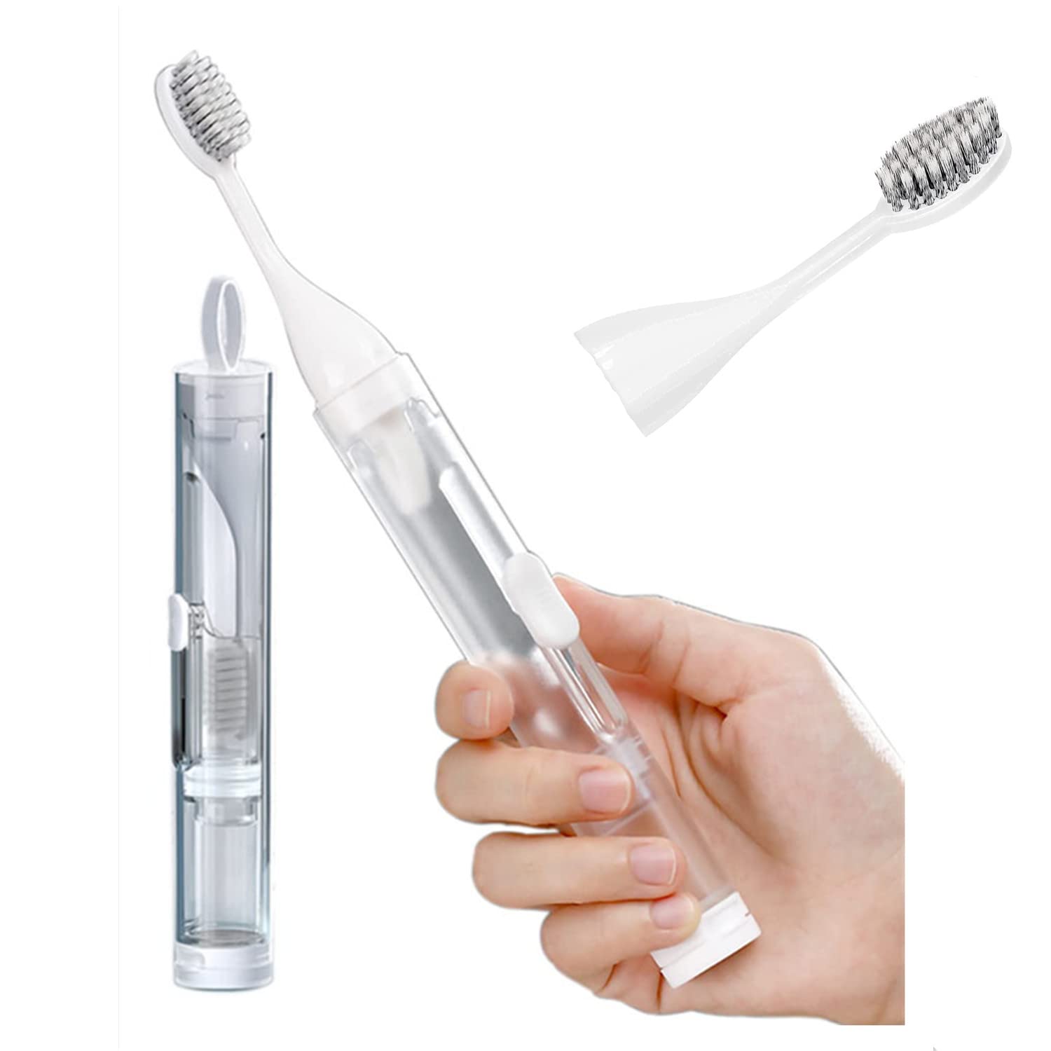 FSEN Portable Travel Toothbrush, 3 in 1 with Travel Case and Extra Soft Bristles and Built-in Refillable Toothpaste Tube kit,Camping Travel Essential Accessories