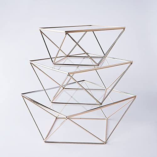 Efavormart 10" Square Gold Metal Geometric Cake Stand Gold Cake Riser with Glass Top Glossy Metallic Finish for Dessert Cupcake Pastry Candy Display Plate Event, Birthday Party