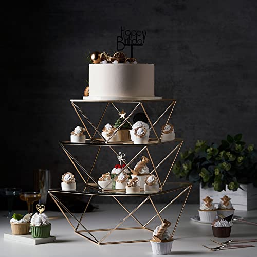 Efavormart 10" Square Gold Metal Geometric Cake Stand Gold Cake Riser with Glass Top Glossy Metallic Finish for Dessert Cupcake Pastry Candy Display Plate Event, Birthday Party