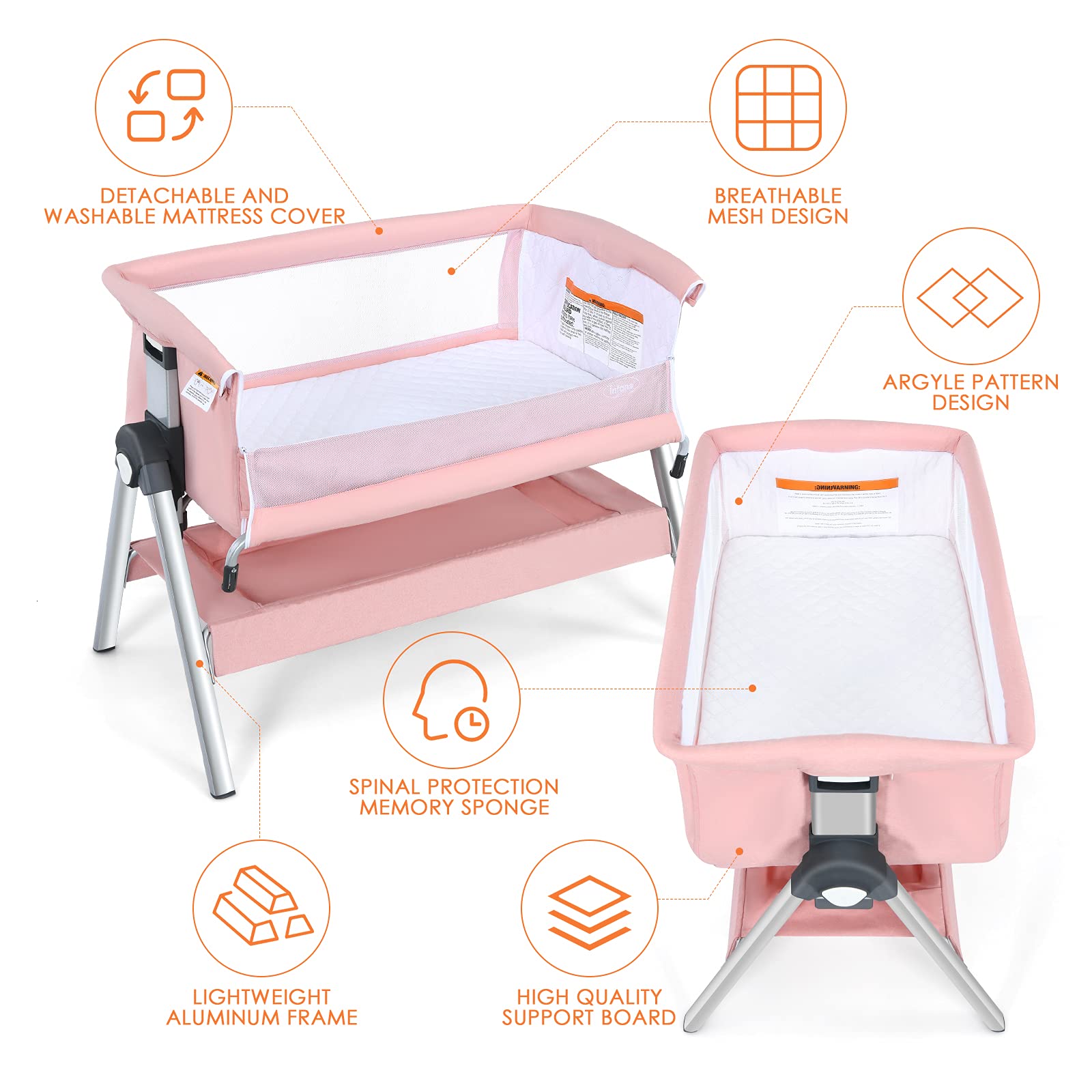 INFANS Baby Bassinet Bedside Crib, Newborn Sleeper w/Large Storage Basket, Adjustable Heights, Detachable &Washable Mattress, Breathable Mesh, Straps, Easy Moving Bed Side (Pink)
