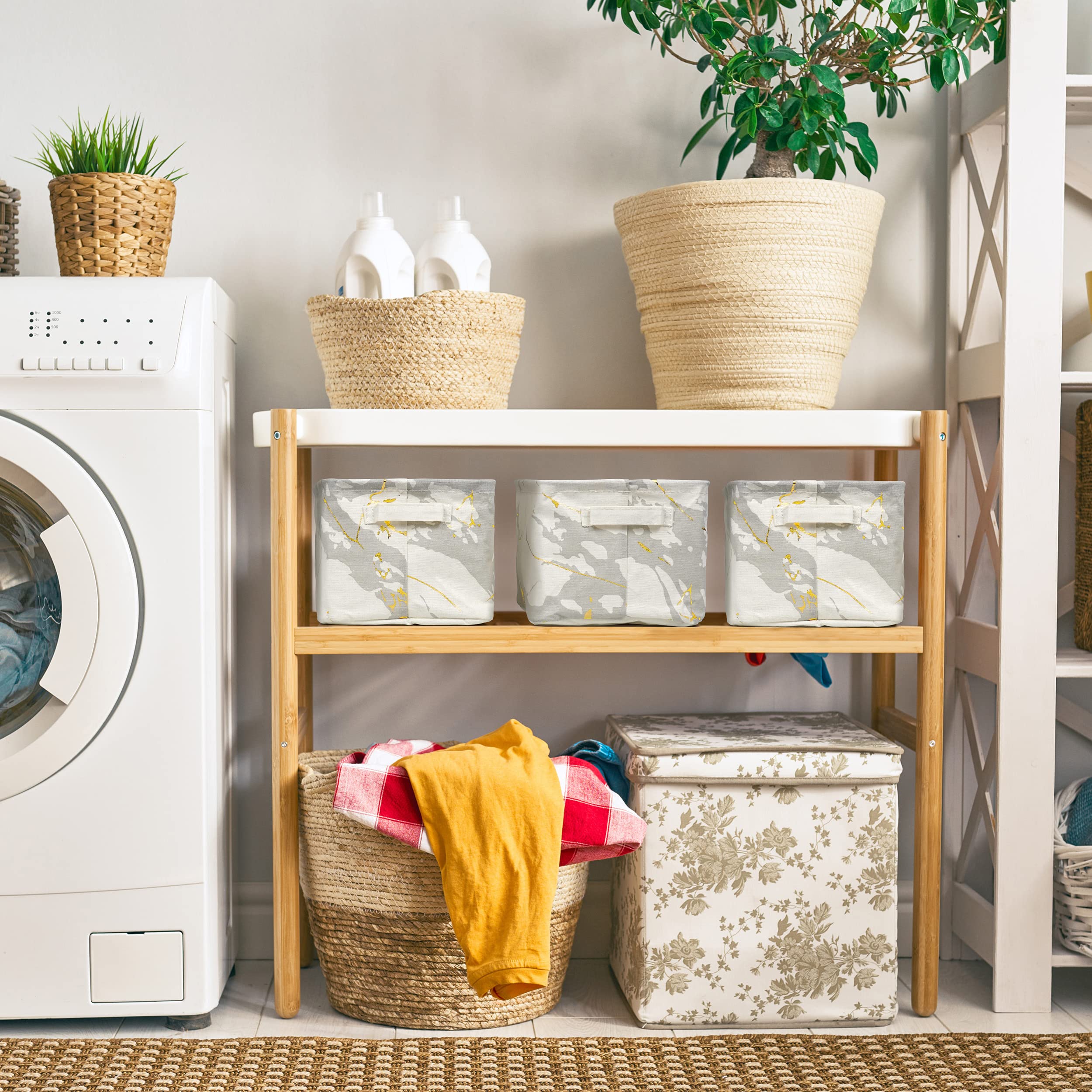 6 Pcs Storage Basket Foldable Cube Fabric Bins Square Mini Box Receive Organizer Rectangle Canvas with Handles for Nursery Home Office Kids Toys Books Small 11x8x6.3 inch Marble White