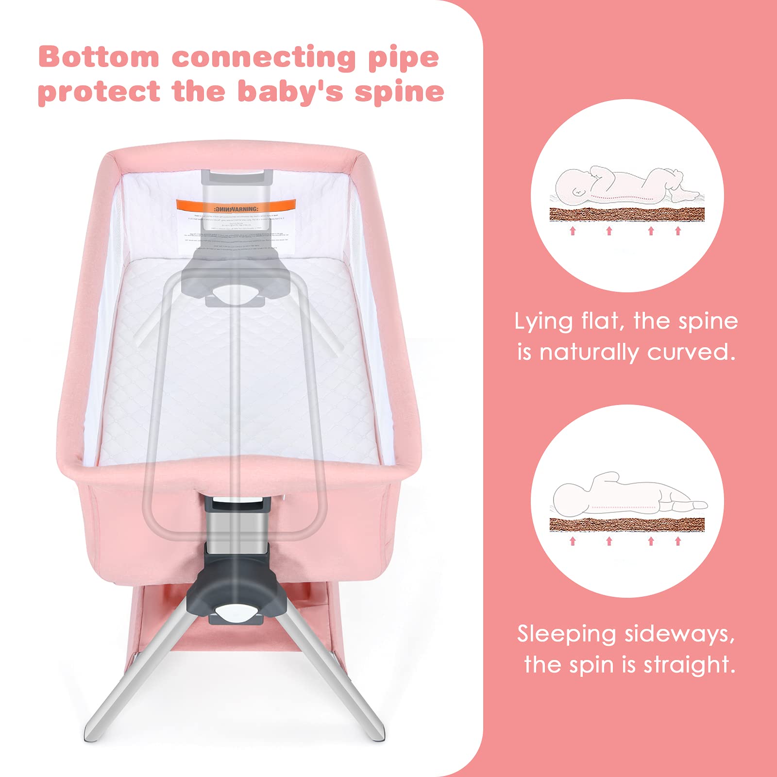 INFANS Baby Bassinet Bedside Crib, Newborn Sleeper w/Large Storage Basket, Adjustable Heights, Detachable &Washable Mattress, Breathable Mesh, Straps, Easy Moving Bed Side (Pink)