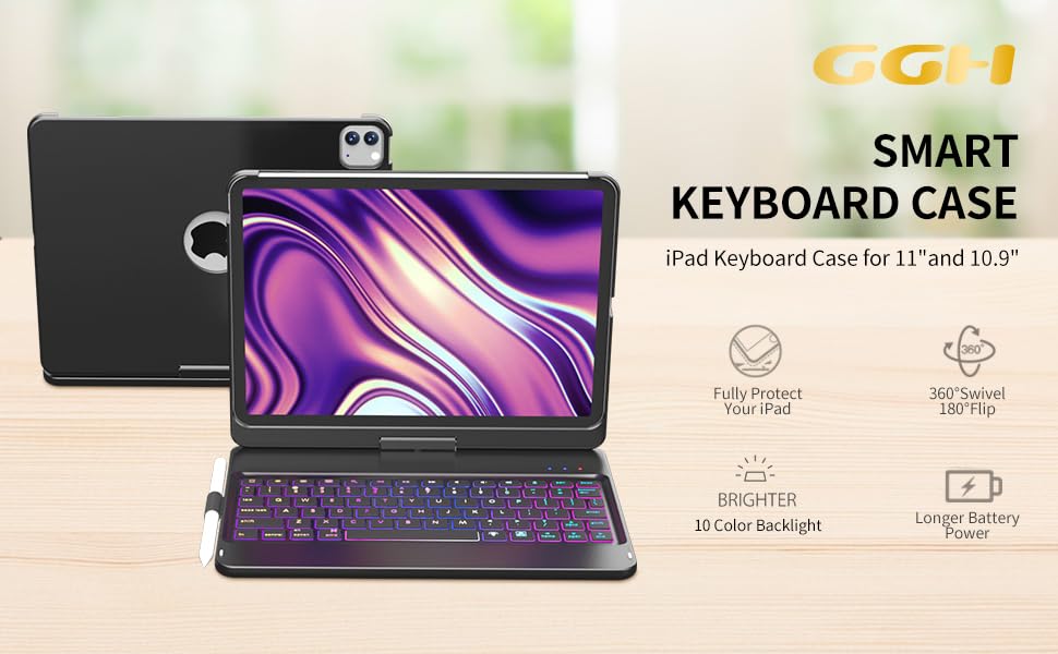 GGH Touch iPad Keyboard Case Air 13 (M2) 2024 &12.9 iPad Pro (4th, 3rd Gen),360°Rotatable Protective Cover Multi-Touch Trackpad Keyboard Case with Pencil Holder