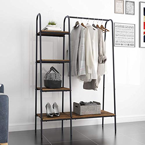 DlandHome Free-Standing Garment Clothing Racks, Home Metal Clothing Rack with 4-Tier Storage Shelves and Hanging Rod Closet Storage Organizer Clothing Rack for Bedroom Living Room Entryway