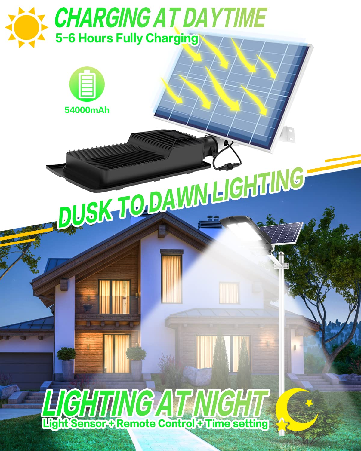 HYPERAZA Solar Street Light, 600W Solar Pole Lights Outdoor Dusk to Dawn Solar Flood Light with Remote Control IP66 6500K, Super Bright Solar Powered Lighting for Garage, Garden, Street