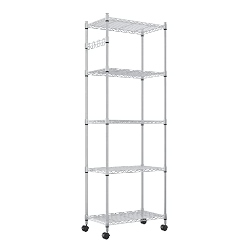 Devo 5-Tier Shelf Shelves for Storage, Wire Shelving Storage Racks, Heavy Duty Shelving, Adjustable Metal Shelf for Garage, Pantry, Kitchen, Side Hooks, Silver(14" D x 24" W x 71" H)