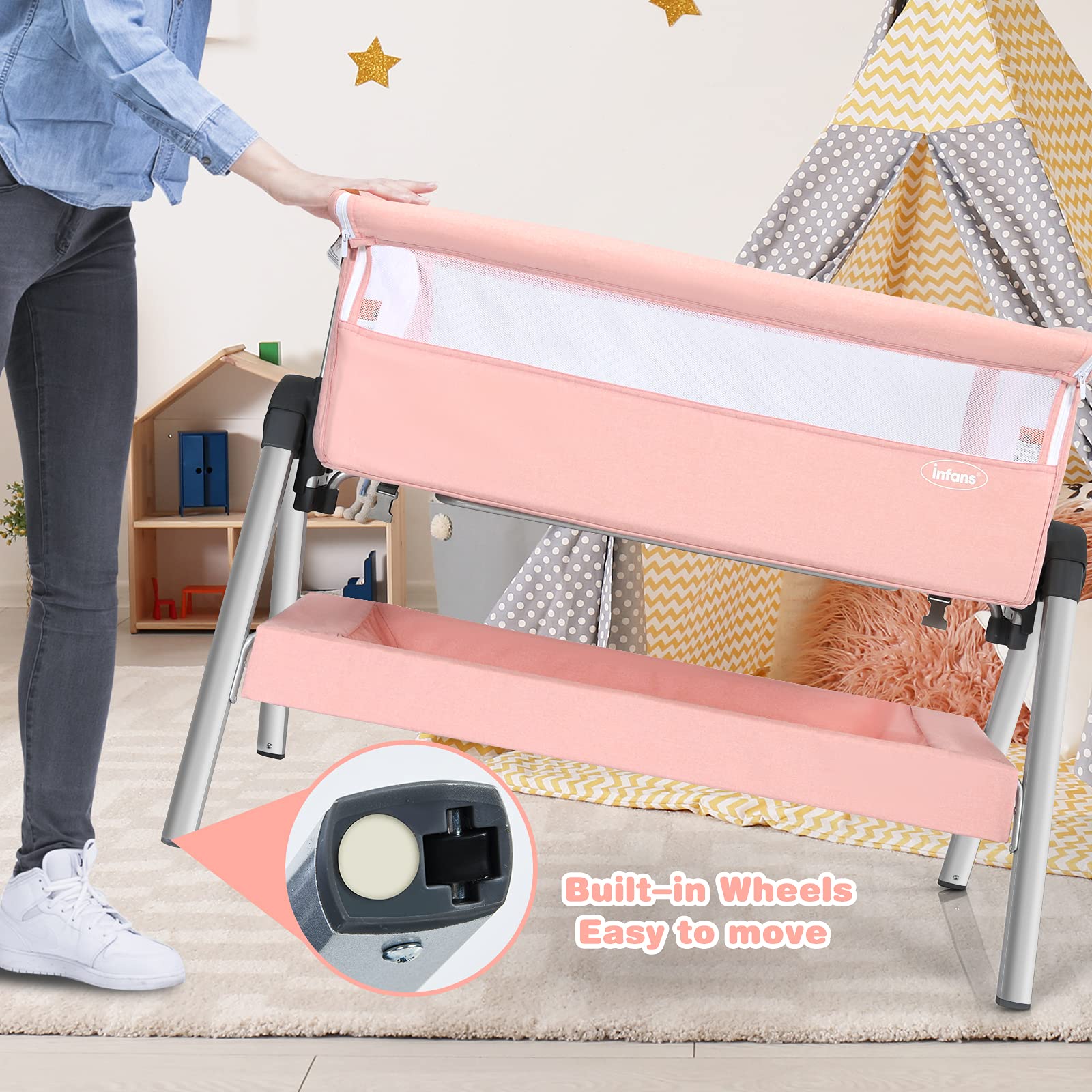 INFANS Baby Bassinet Bedside Crib, Newborn Sleeper w/Large Storage Basket, Adjustable Heights, Detachable &Washable Mattress, Breathable Mesh, Straps, Easy Moving Bed Side (Pink)