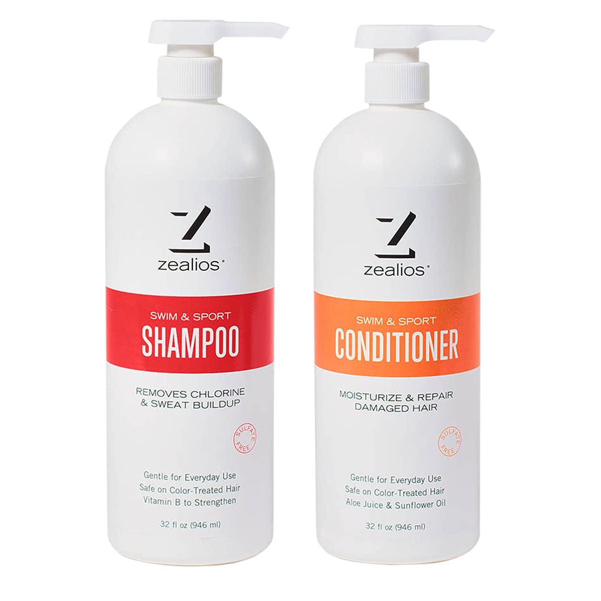 Zealios Swim & Sport Shampoo Moisturizing Formula (32 Oz) & Swim Conditioner (32 Oz), Repairs, Hydrates, Protects, Repairs Swimmers Hair Damaged by Pool Chemicals