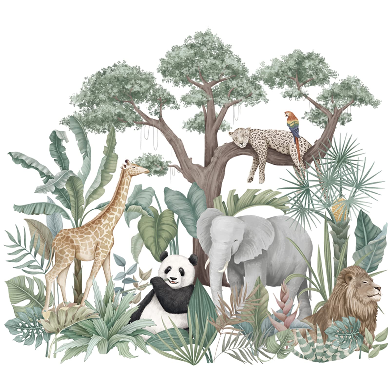 Tropical Green Plant Jungle Animal Wall Stickers, Removable Large Tree Vinyl Wallpaper Decal, DIY Art Murals for Kids Bedroom Nursery Home Decor (A)