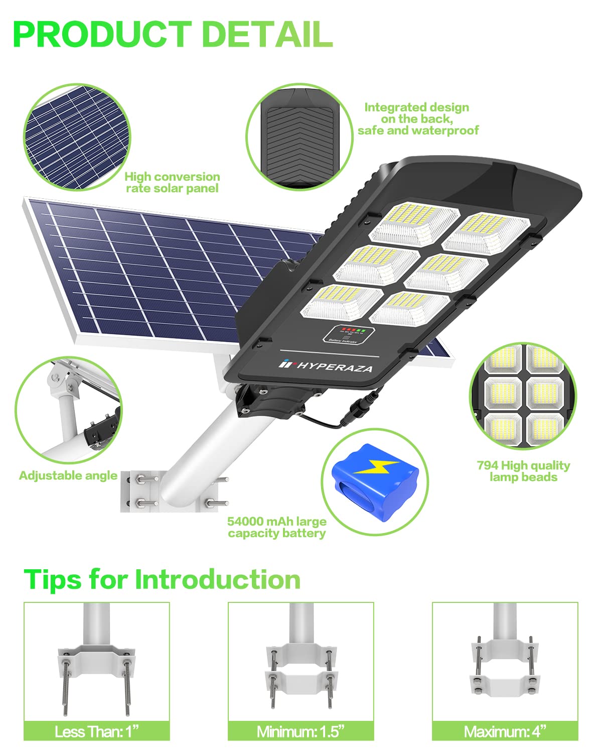 HYPERAZA Solar Street Light, 600W Solar Pole Lights Outdoor Dusk to Dawn Solar Flood Light with Remote Control IP66 6500K, Super Bright Solar Powered Lighting for Garage, Garden, Street