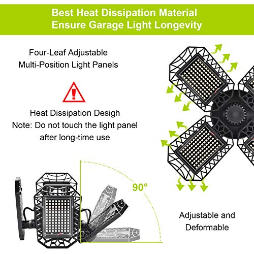 Mefflypee 2 Pack LED Garage Lights, 120W Deformable LED Garage Ceiling Lights with 4 Adjustable Panels, 12000LM E26 LED Shop Lights for Garage, Basement, Barn, High Bay Light (2 Pack)