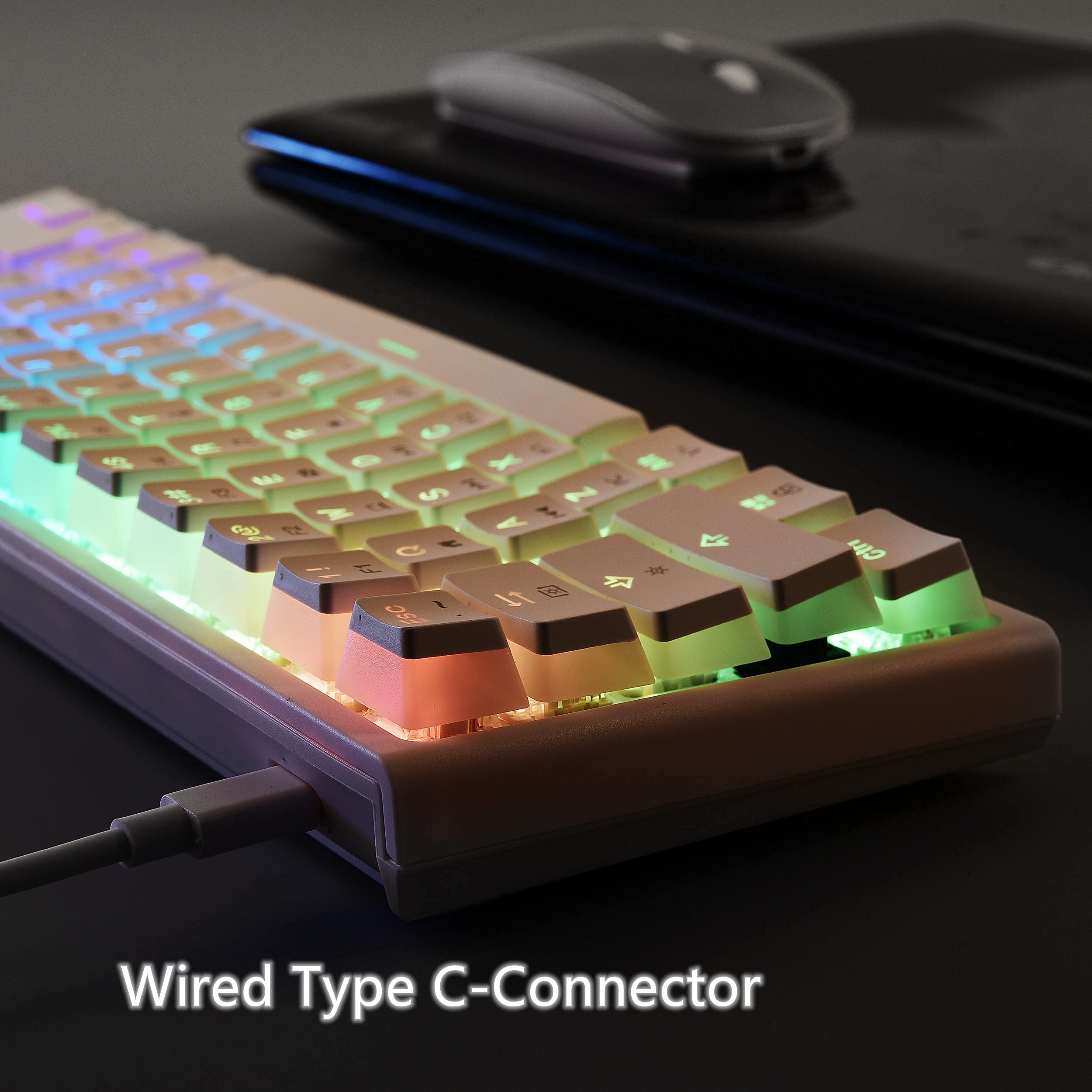KKV 61 Keys RGB Mechanical Gaming Keyboard,60% Layout Compact PBT Keycaps Mini Design 18 RGB Mode Wired Type-C Mechanical Keyboard for Game and Work (Cherry White)