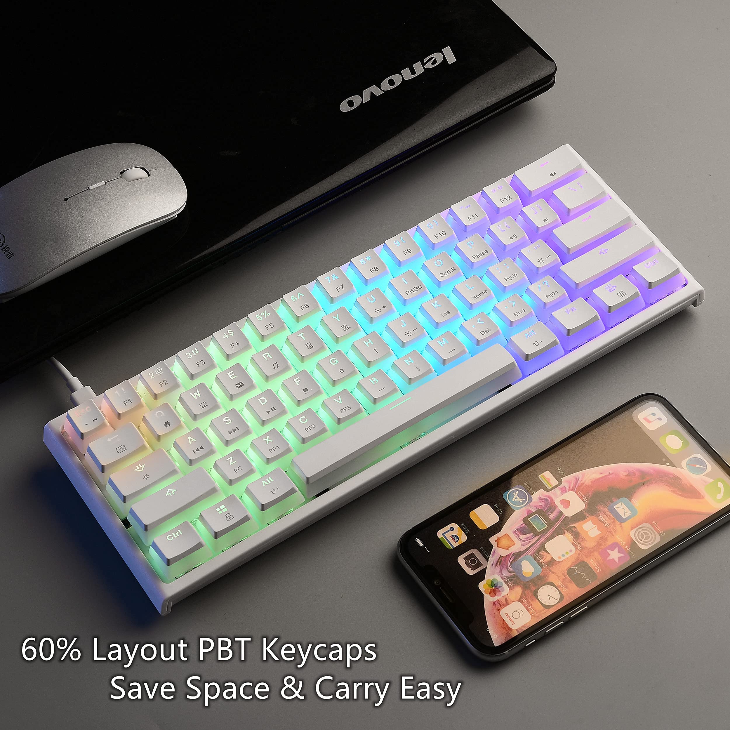 KKV 61 Keys RGB Mechanical Gaming Keyboard,60% Layout Compact PBT Keycaps Mini Design 18 RGB Mode Wired Type-C Mechanical Keyboard for Game and Work (Cherry White)