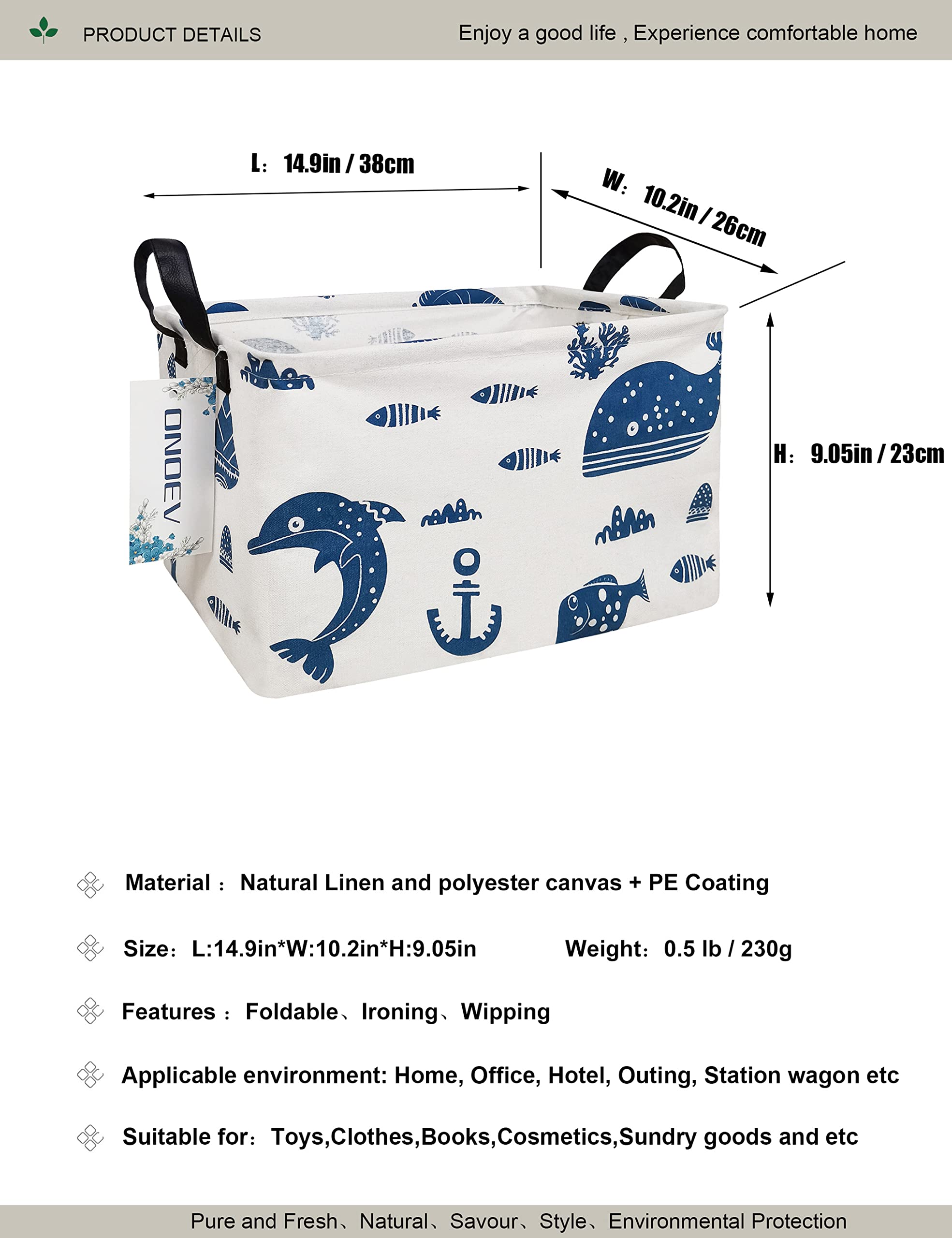 ONOEV Rectangular Folding Laundry Basket, Canvas Basket,Nersury Hamper,Suitable for Children,Office,Bedroom,Clothes,Toys Storage (Blue Whale), 14.9L x10.2Wx9.05H''