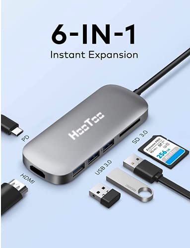 HooToo USB C Hub, 6-in-1 USB C Adapter with 4K USB C to HDMI, 3 USB 3.0 Ports, SD Card Reader, Pd Charging Port for MacBook/Pro/Air (2018), Chromebook, and More USB C Devices (Grey), silver