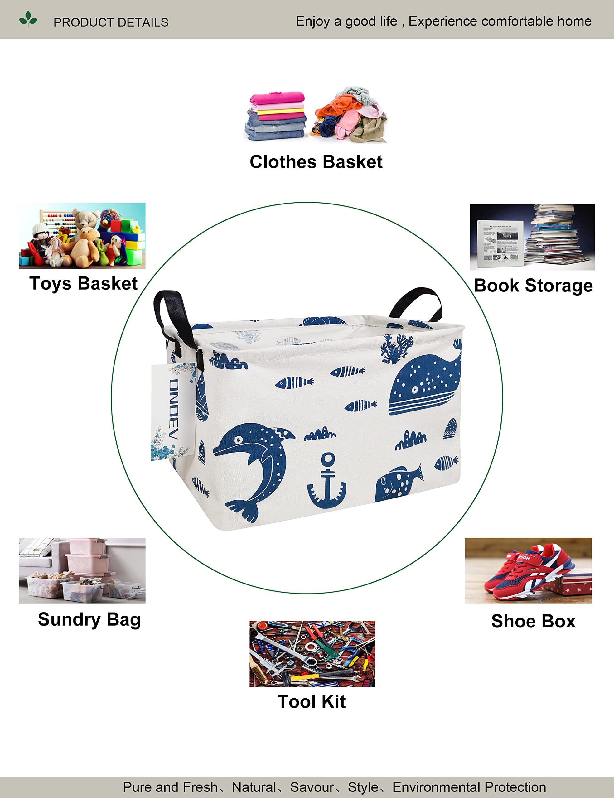 ONOEV Rectangular Folding Laundry Basket, Canvas Basket,Nersury Hamper,Suitable for Children,Office,Bedroom,Clothes,Toys Storage (Blue Whale), 14.9L x10.2Wx9.05H''