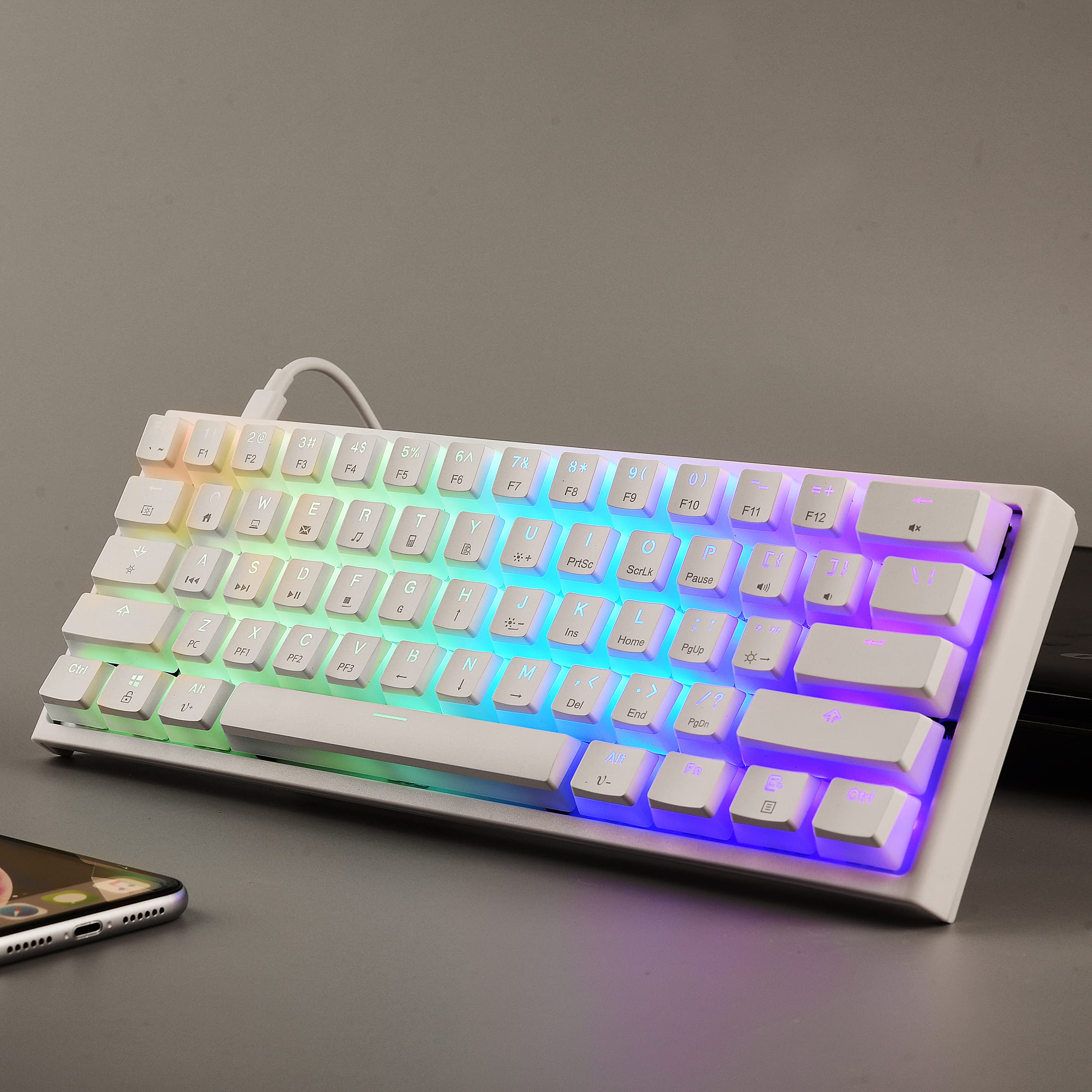 KKV 61 Keys RGB Mechanical Gaming Keyboard,60% Layout Compact PBT Keycaps Mini Design 18 RGB Mode Wired Type-C Mechanical Keyboard for Game and Work (Cherry White)