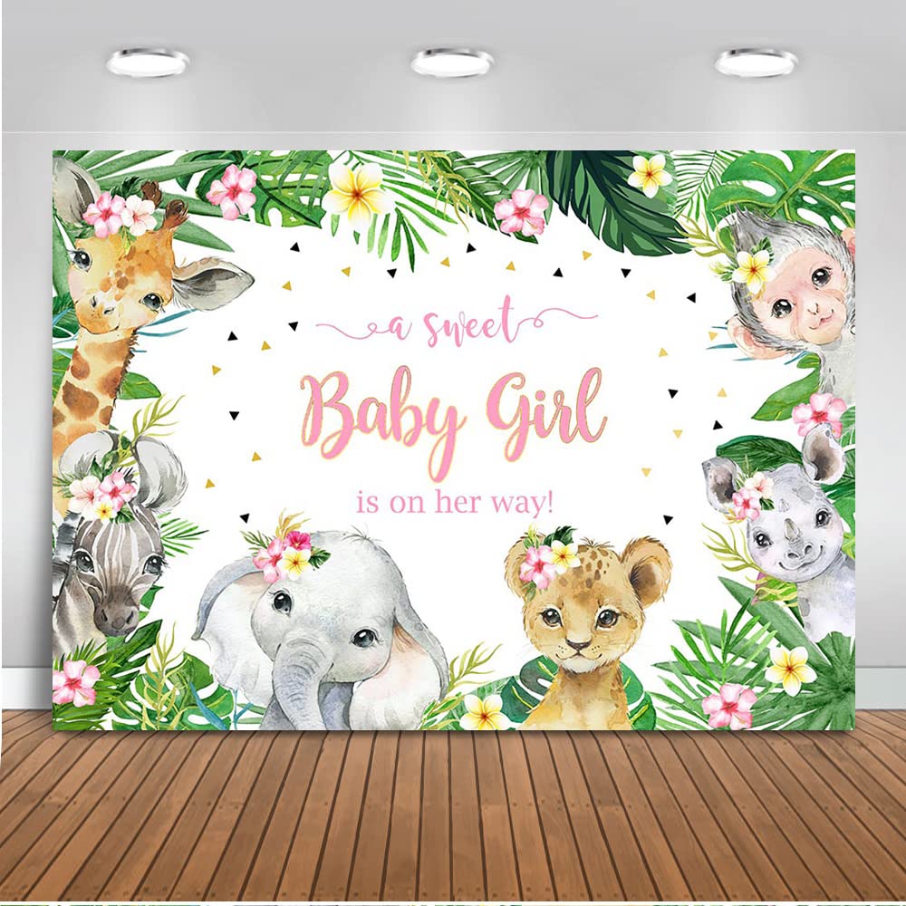 Mocsicka Girl Safari Baby Shower Backdrop 7x5ft Pink Safari Wild Animals A Sweet Baby Girl is On Her Way Baby Shower Party Decorations Floral Greenery Photography Background