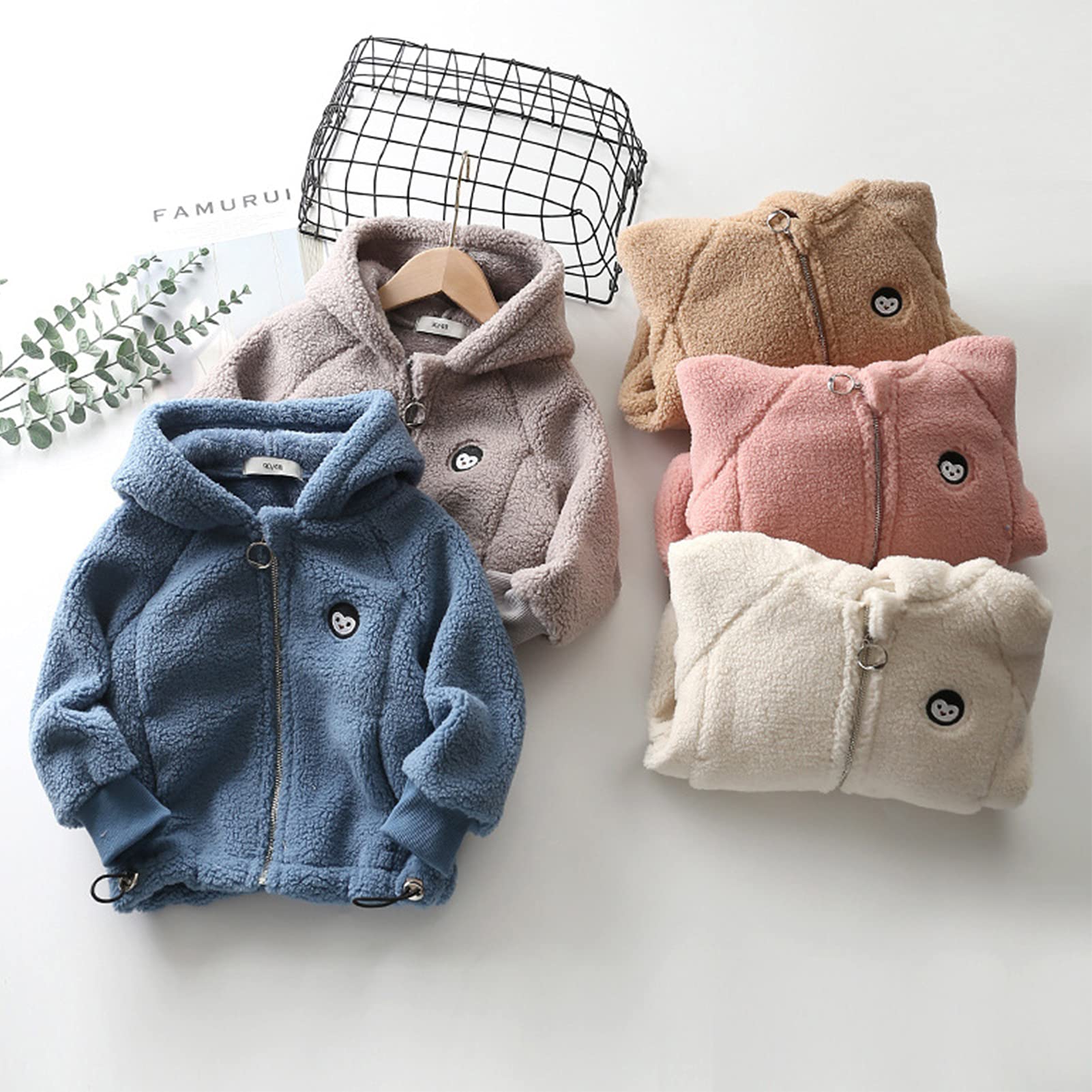 Baby Soft Fleece Sweater Jacket Adorable Cartoon Fleece Jacket Long Sleeve Hooded Jacket Solid Color Outwear Coat Zipper Up for 7-8Years