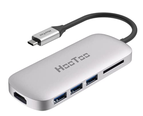 HooToo USB C Hub, 6-in-1 USB C Adapter with 4K USB C to HDMI, 3 USB 3.0 Ports, SD Card Reader, Pd Charging Port for MacBook/Pro/Air (2018), Chromebook, and More USB C Devices (Grey), silver