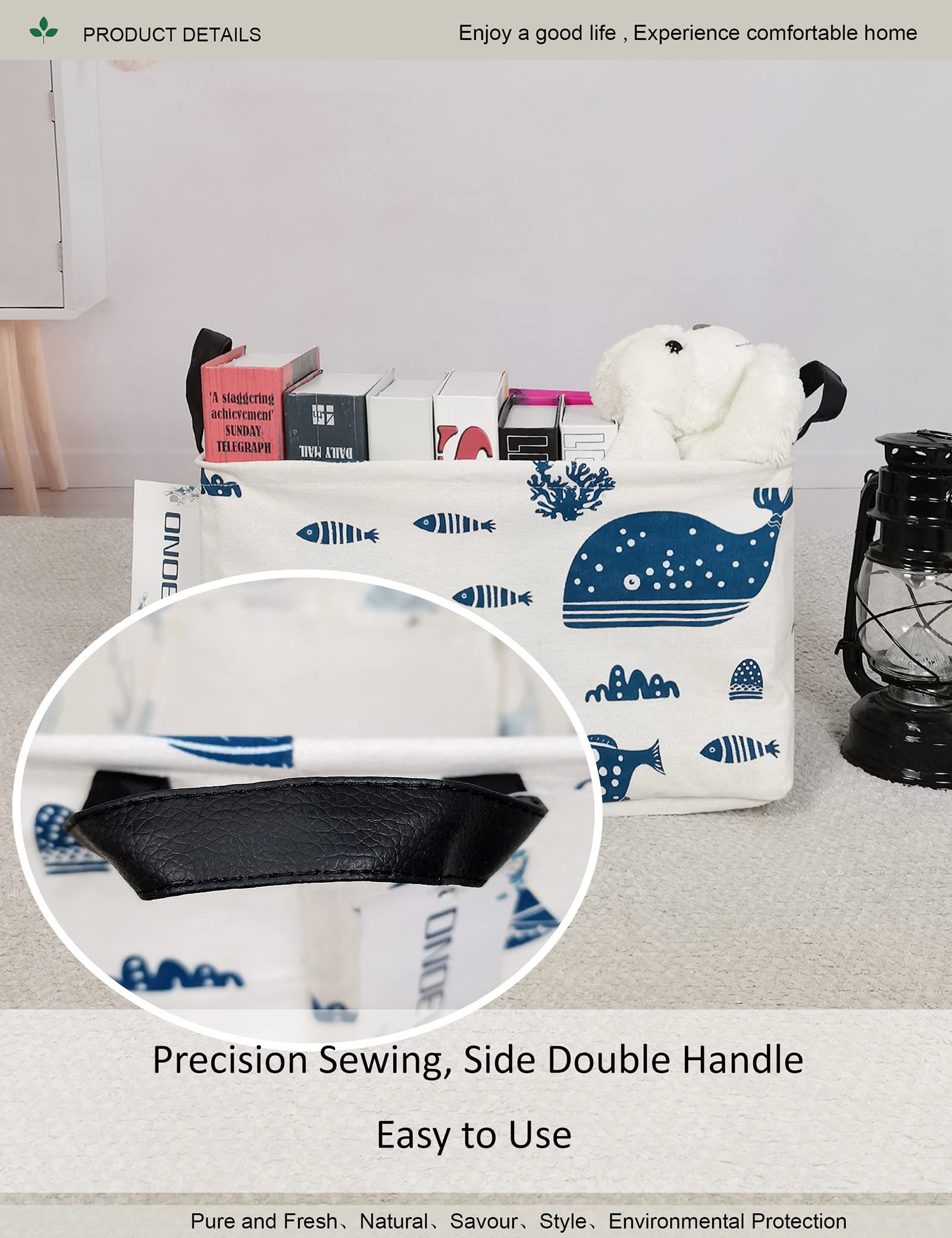 ONOEV Rectangular Folding Laundry Basket, Canvas Basket,Nersury Hamper,Suitable for Children,Office,Bedroom,Clothes,Toys Storage (Blue Whale), 14.9L x10.2Wx9.05H''