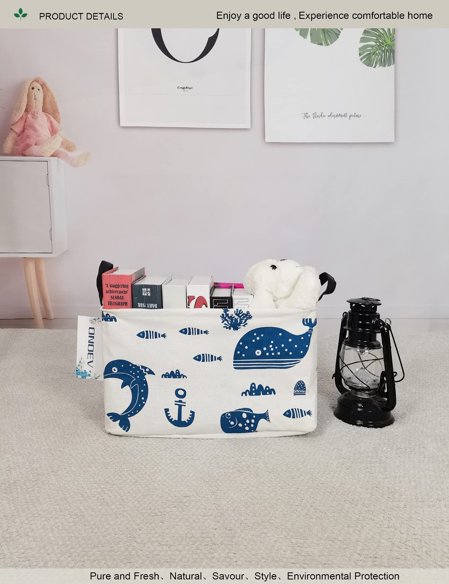 ONOEV Rectangular Folding Laundry Basket, Canvas Basket,Nersury Hamper,Suitable for Children,Office,Bedroom,Clothes,Toys Storage (Blue Whale), 14.9L x10.2Wx9.05H''