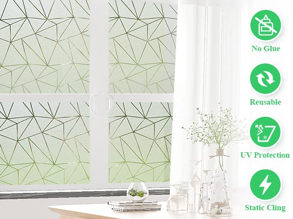 Beautysaid Window Privacy Film Frosted Glass Window Stickers: Bathroom Frosting Sun Blocking Static Cling Non-Adhesive Vinyl Removable Decorations Covers for Home Office 17.5x78.7inch
