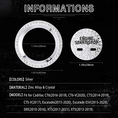 CARFIB Car Interior Bling Accessory for Cadillac CT6 CTS Escalade SRX XT5 XTS Ignition Button Ring Push Engine Start Stop Decal Sticker Cover Parts Decoration Men Women Zinc Alloy Crystal Silver 2Pcs