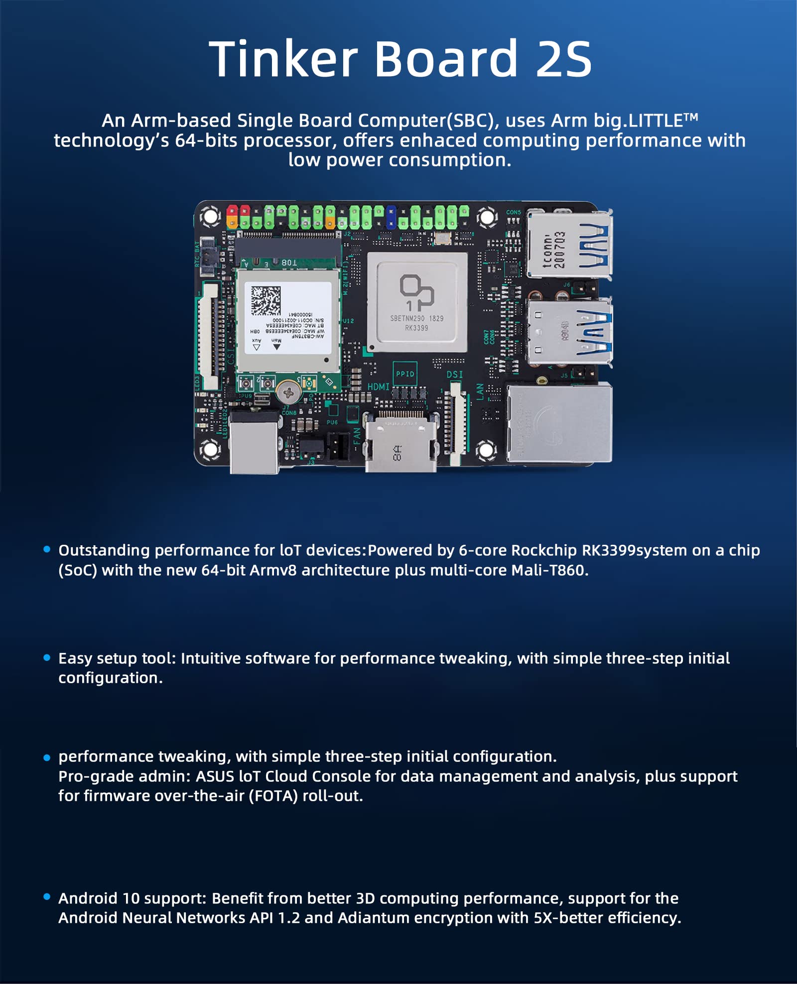 youyeetoo Tinker Board 2S AI Single Board Computer, 4GB RAM 16GB eMMC Support 4K Dual Display, onboard WiFi Bluetooth HDMI DP DSI Android 10 Debian 9(Basic Kit)