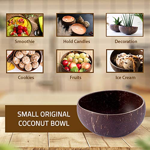 CLAYNIX 4 Coconut Bowls Serving Smoothie Bowl and Spoon Gift Natural Handmade Polish with Coconut Oil, Durable for Vegans Breakfast, Serving, Acai Bowl , Party Ice Cream Cereal (4, Polished)