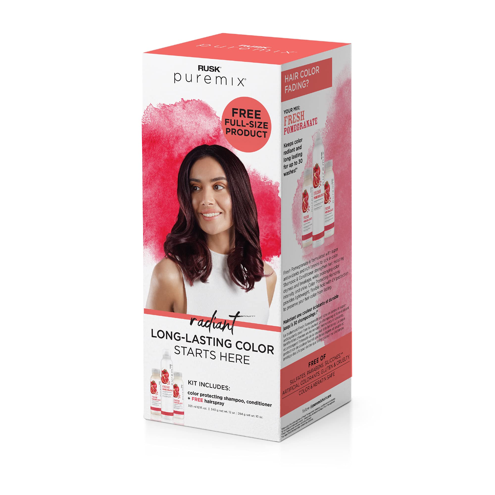 RUSK Puremix Fresh Pomegranate Color Protecting Trio Gift Set, Includes 12 oz. Shampoo, 12 oz. Conditioner, and 10 oz. Hairspray, Locks in Color, and Gives You Healthy, Glowing Hair