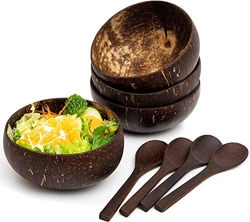 CLAYNIX 4 Coconut Bowls Serving Smoothie Bowl and Spoon Gift Natural Handmade Polish with Coconut Oil, Durable for Vegans Breakfast, Serving, Acai Bowl , Party Ice Cream Cereal (4, Polished)