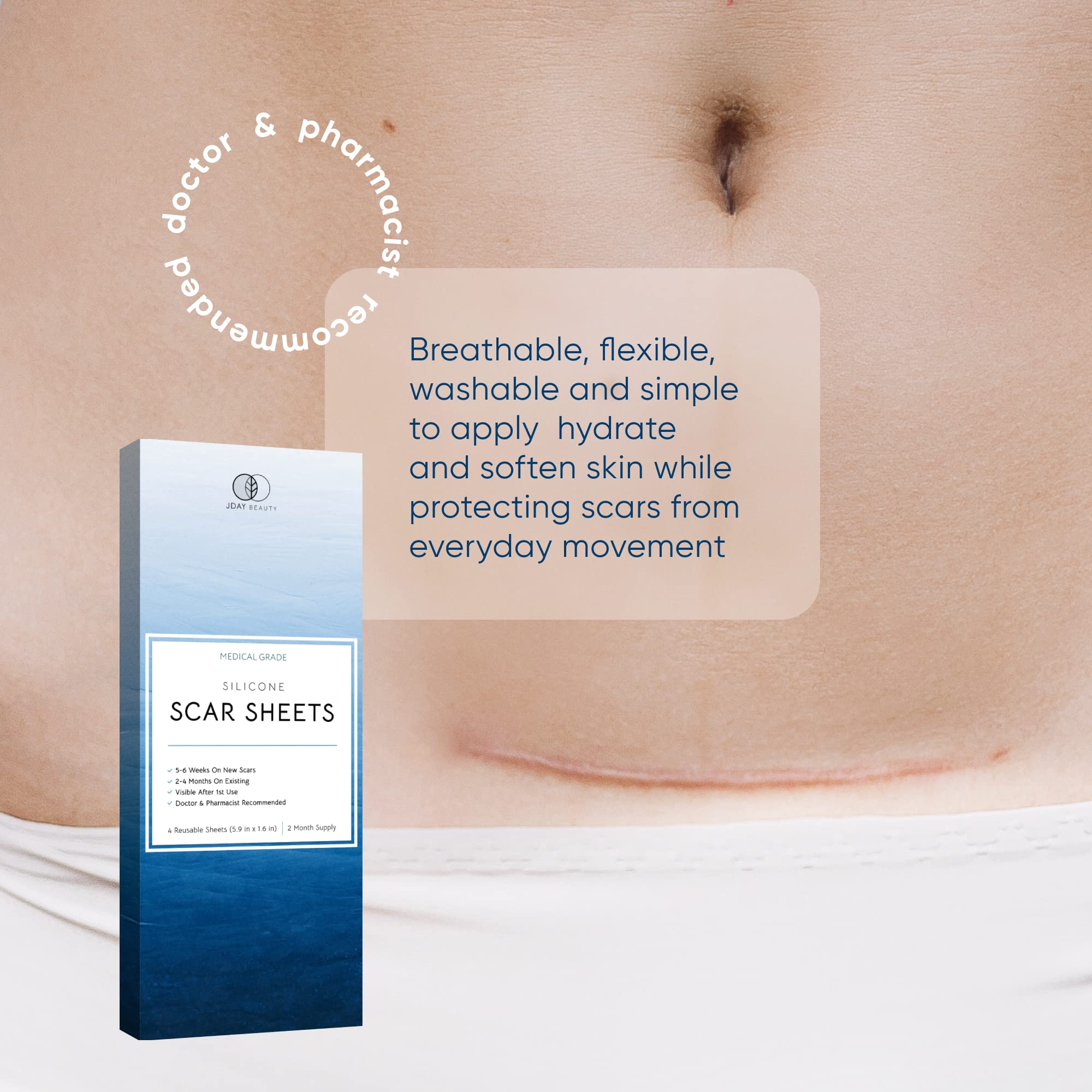 Silicone Scar Removal Sheets - Breathable Reusable & Waterproof Keloid Scar Removal Patches Caused by C-Section, Surgery, Burn, Acne, Stretch Marks Healing Alternative to Gel, Tape & Cream (4 sheets)