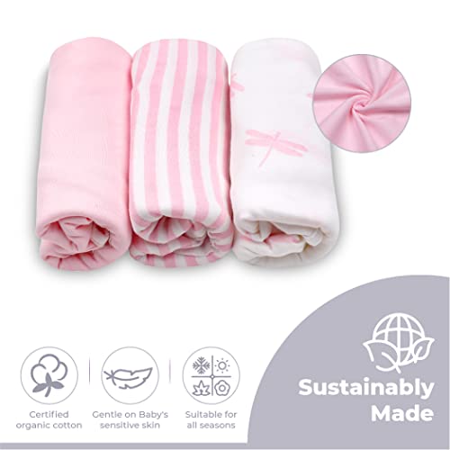 Jam Naturals- Organic Knotted Tie Bottom Adjustable Velcro Swaddle and Hat Set of 3, Newborn Sleep Sack (0-3m, 7-14lbs Pink)