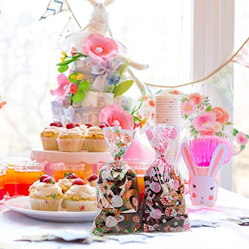 CCINEE 120PCS Easter Treat Bags,Cellophane Cookie Bags with Twist Ties Egg Bunny Candy Bags for Kids Easter Party Supply