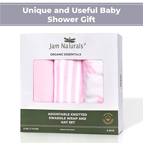 Jam Naturals- Organic Knotted Tie Bottom Adjustable Velcro Swaddle and Hat Set of 3, Newborn Sleep Sack (0-3m, 7-14lbs Pink)