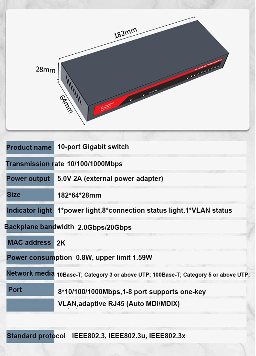 KuWFi Gigabit Ethernet Network Switch 10/100/1000Mbps 10 Port RJ45 LAN Hub Desktop Fast Ethernet Switch for Office Dormitories Home