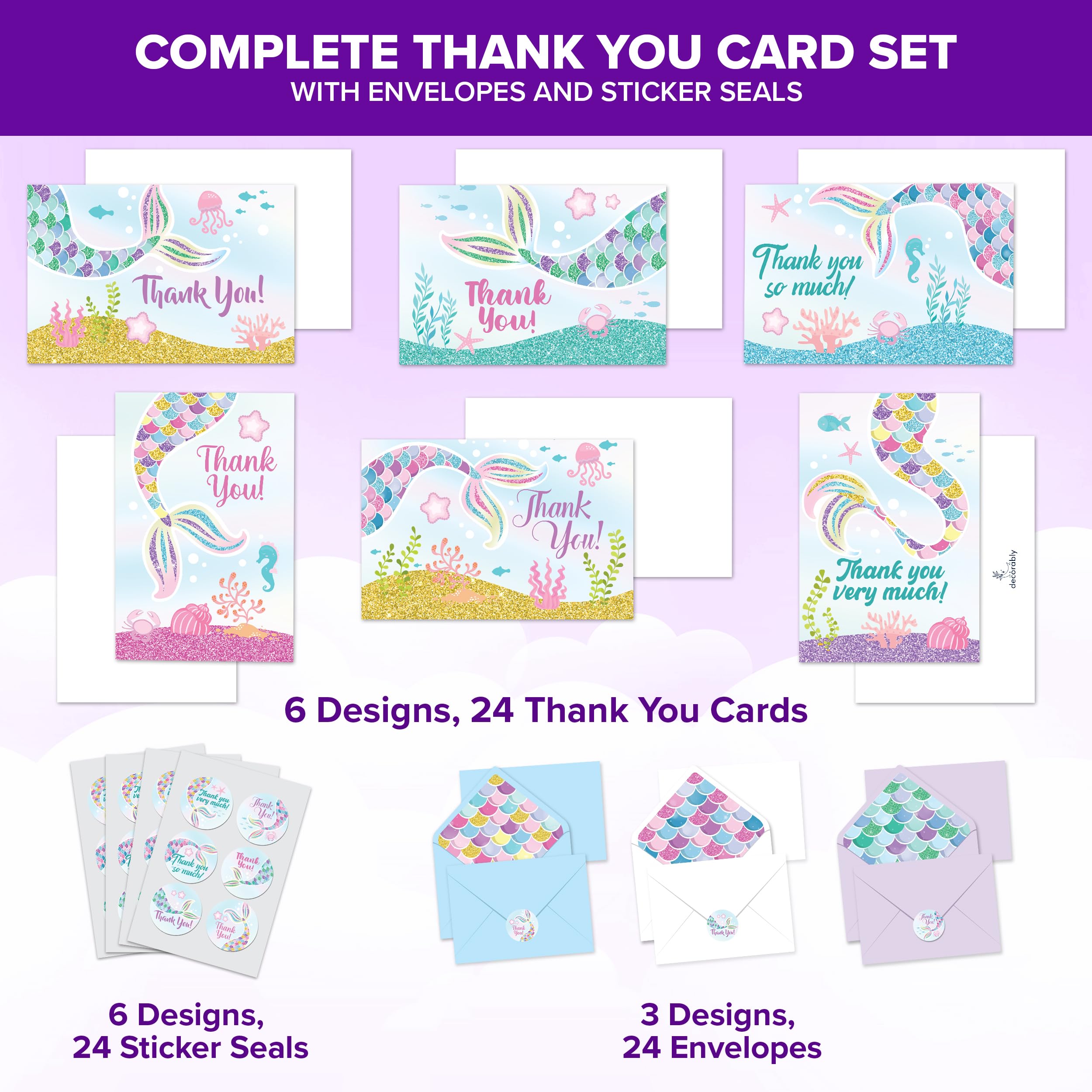 Decorably 30 Pack Glittery 4.9x3.5in Mermaid Thank You Cards with Envelopes and Stickers, 6 Sparkly Designs, Blank Inside, Baby Shower, Weddings, Birthdays