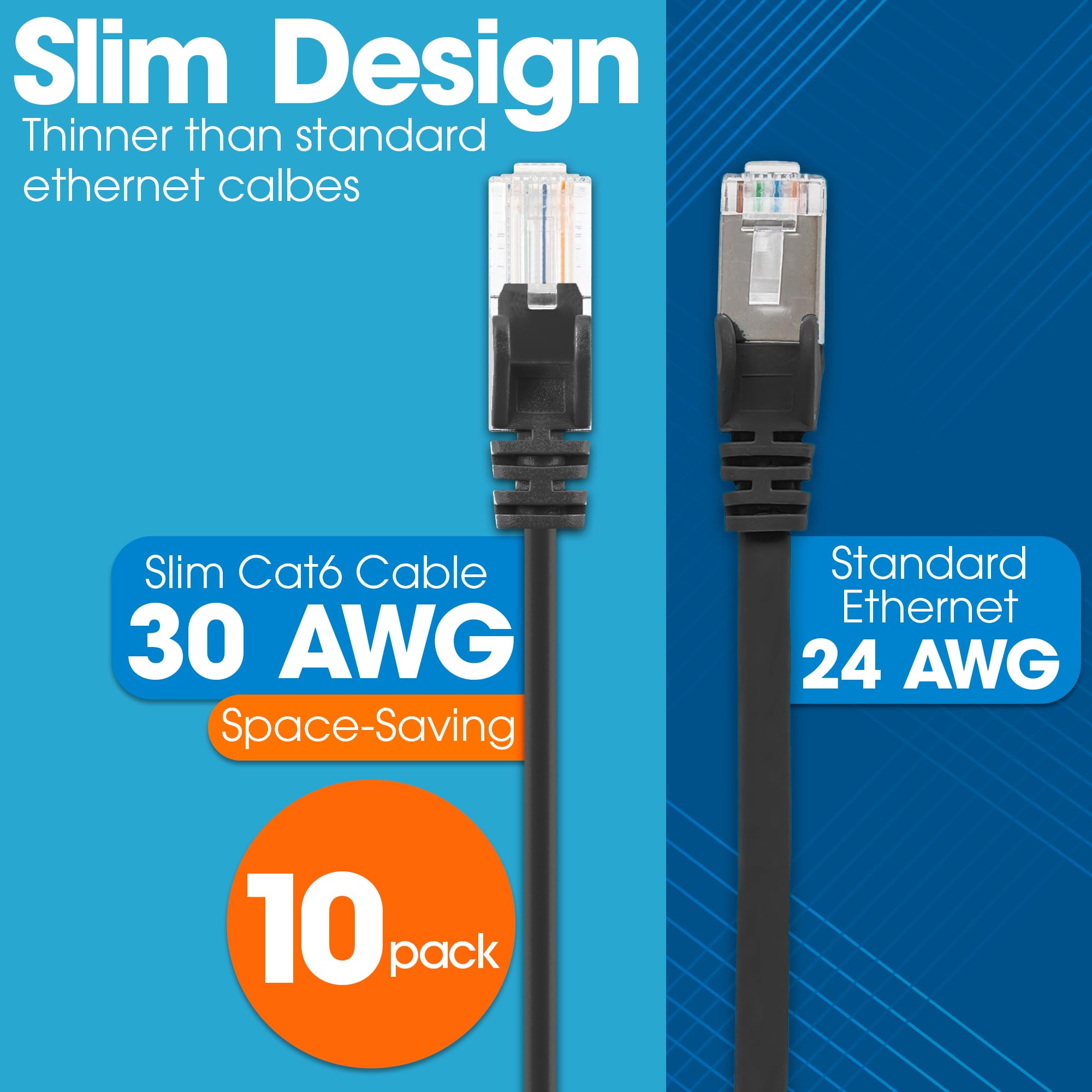 Intellinet Slim Cat6 Ethernet Network Patch Cable โ 10-Pack - 10Gbps & 250MHz, Snagless Boot, 30AWG Pure Bare Copper Wire, Gold-Plated Contacts, Lifetime Mfg Warranty โ 1.5ft, 10 Pack Black
