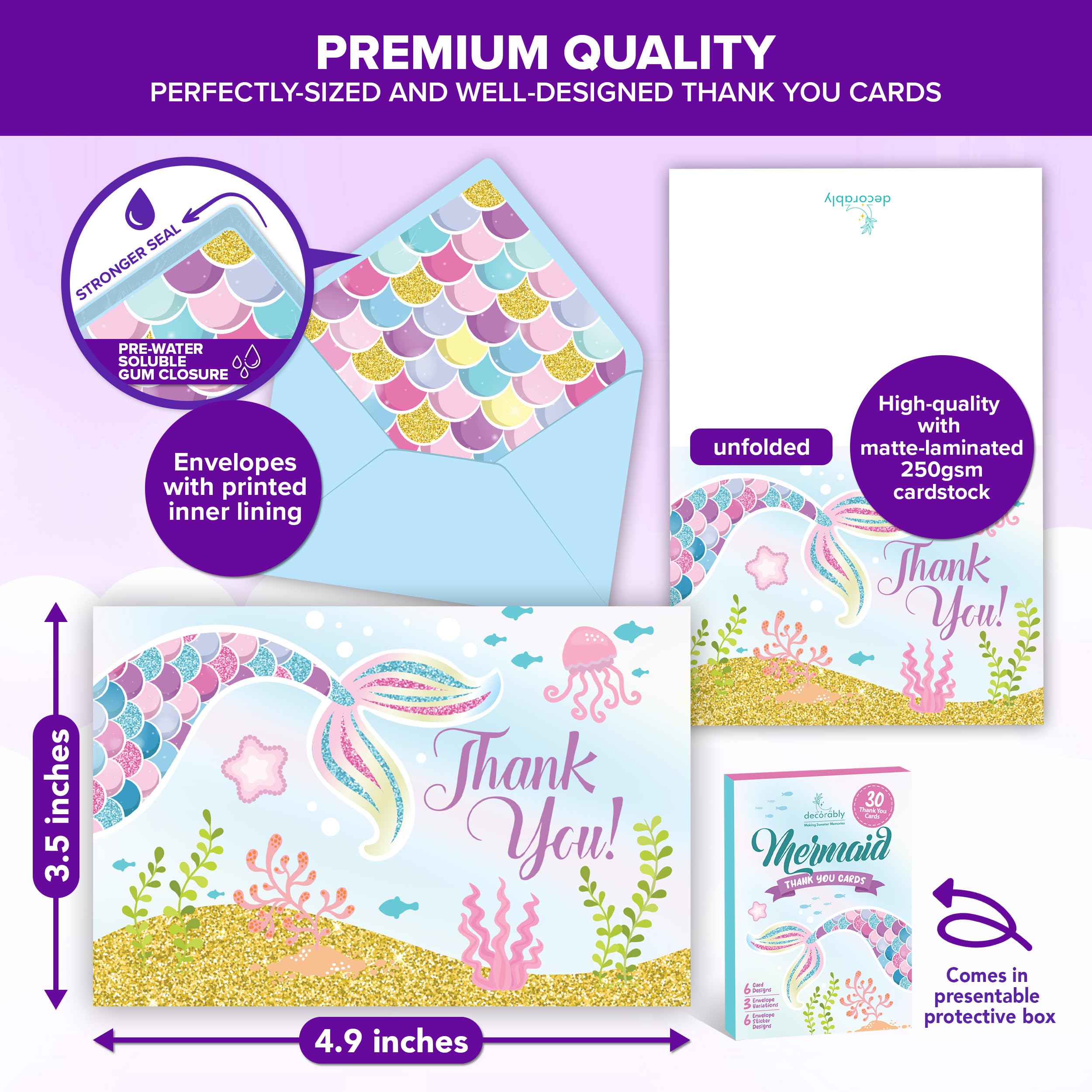 Decorably 30 Pack Glittery 4.9x3.5in Mermaid Thank You Cards with Envelopes and Stickers, 6 Sparkly Designs, Blank Inside, Baby Shower, Weddings, Birthdays