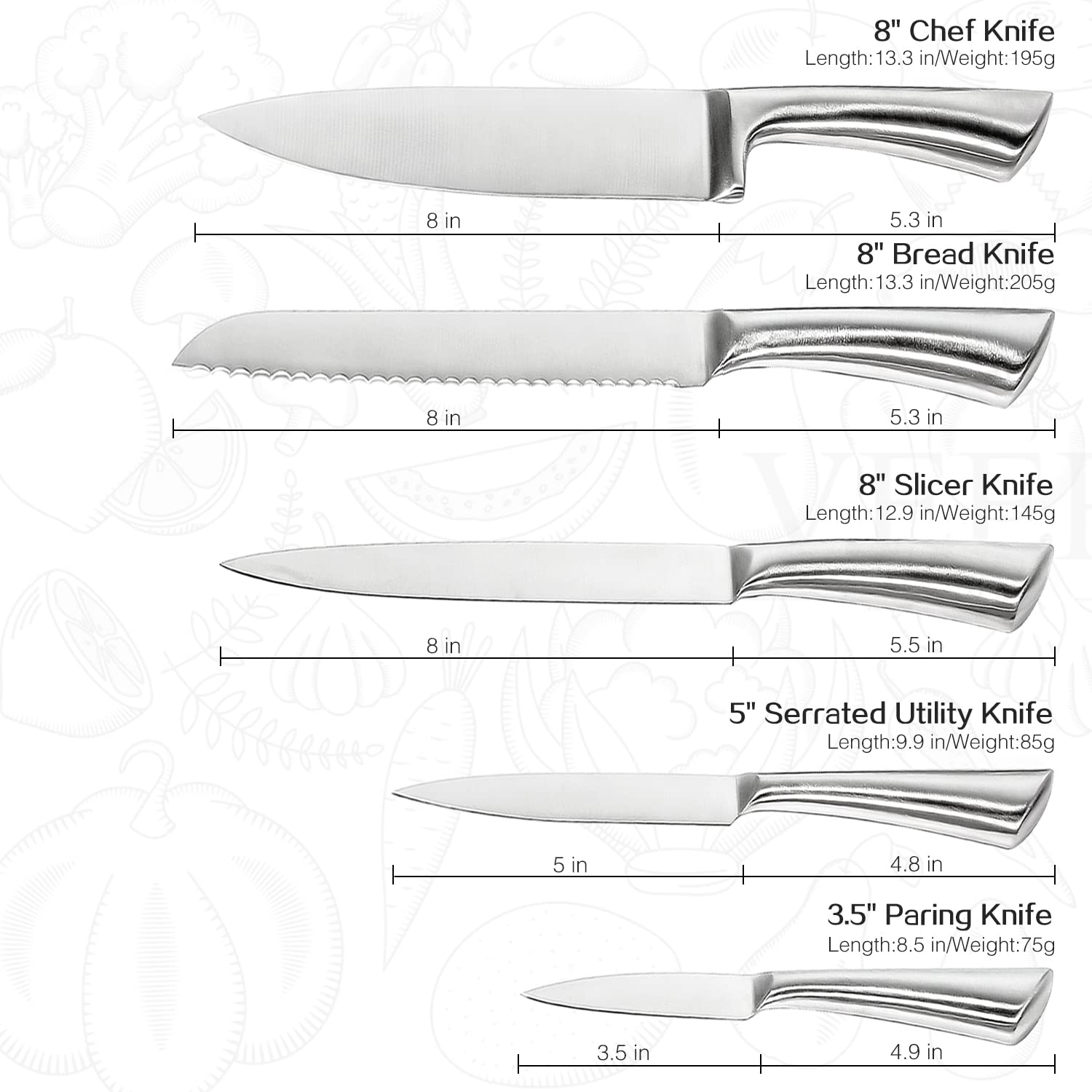 AMAHOUSMET Knife Set 5 Pieces, Professional Kitchen Knife Set with Box, Chef Knife Set, Japanese Stainless Steel, Includes Chef Knife, Bread Knife, Carving Knife, Utility Knife and Paring Knife