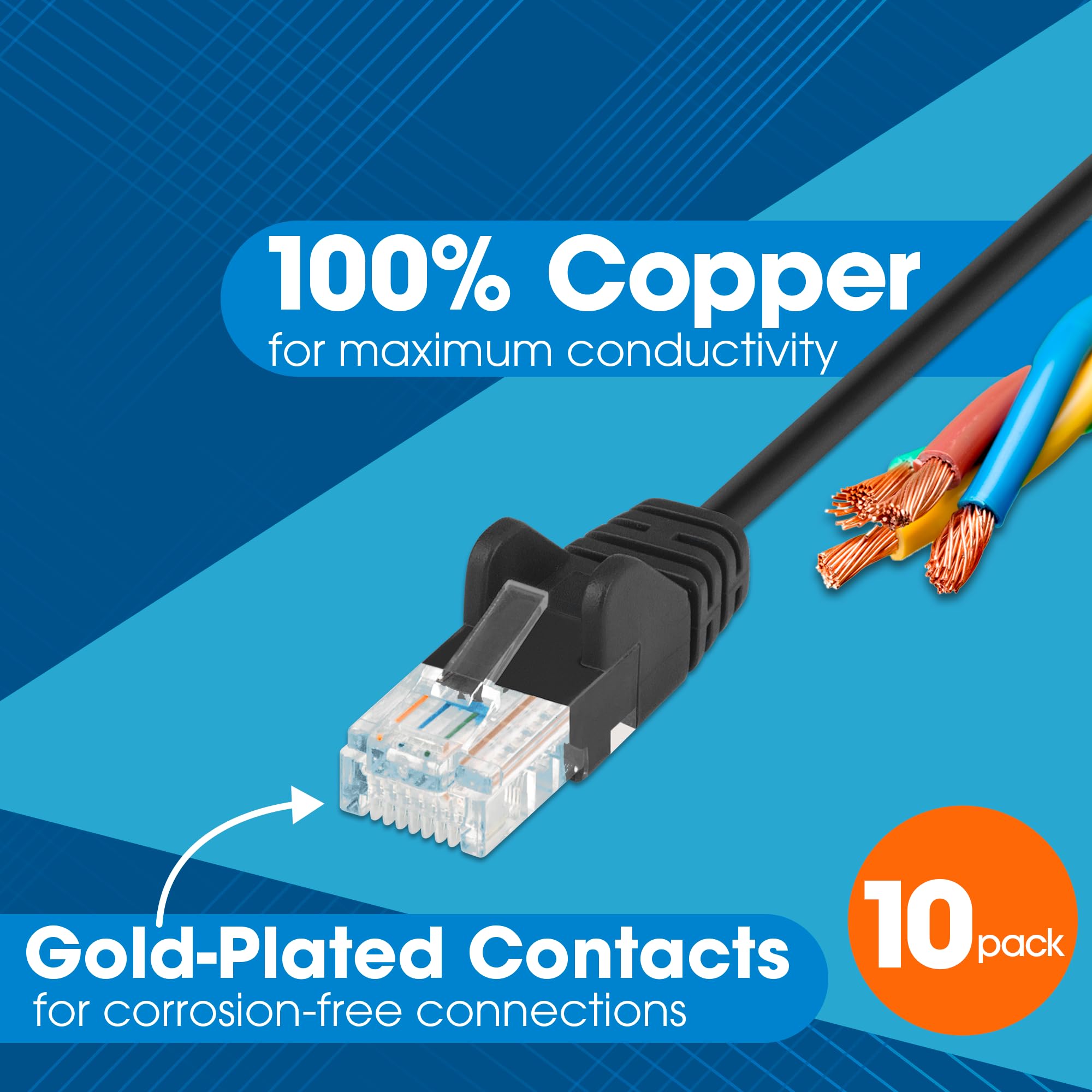 Intellinet Slim Cat6 Ethernet Network Patch Cable โ 10-Pack - 10Gbps & 250MHz, Snagless Boot, 30AWG Pure Bare Copper Wire, Gold-Plated Contacts, Lifetime Mfg Warranty โ 1.5ft, 10 Pack Black