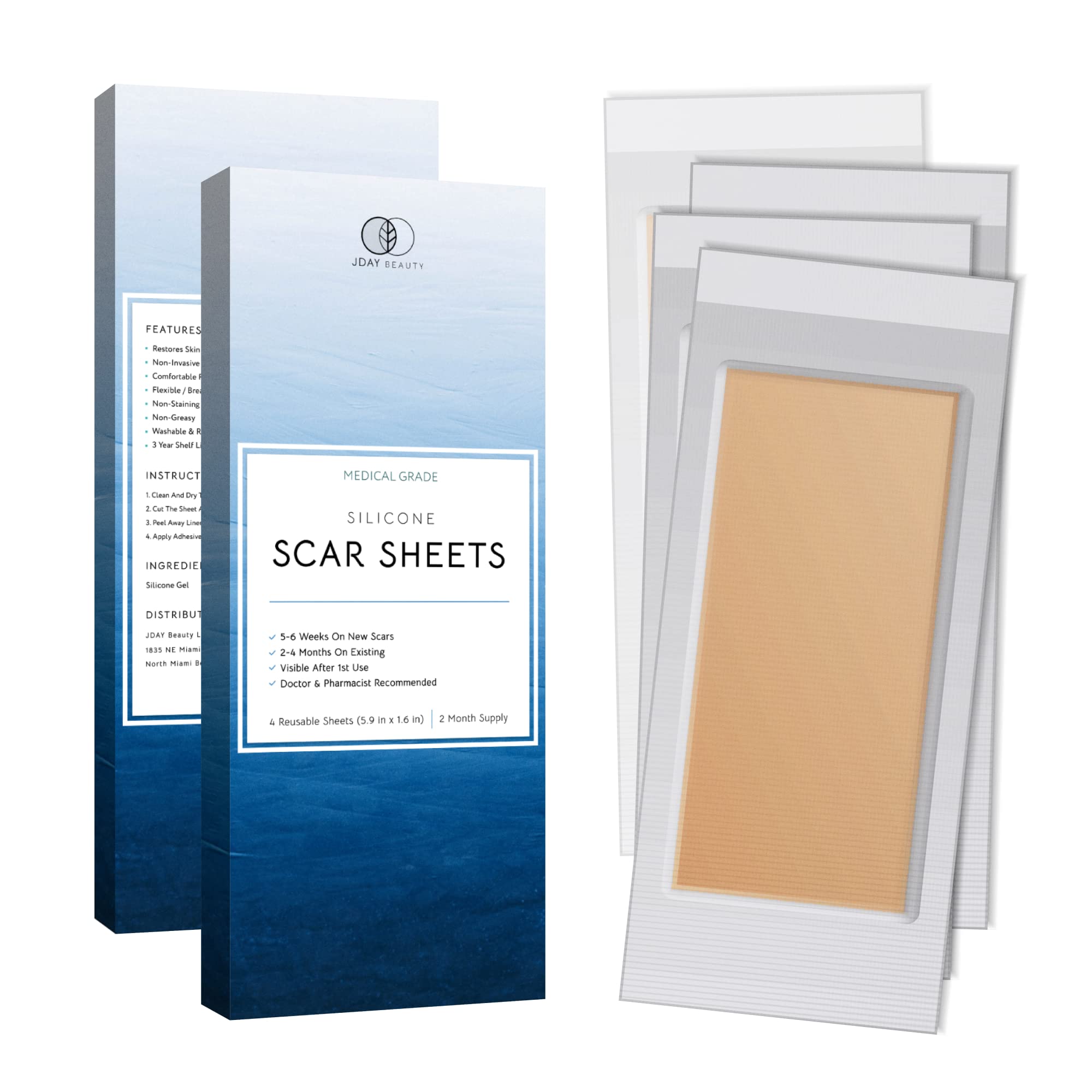Silicone Scar Removal Sheets - Breathable Reusable & Waterproof Keloid Scar Removal Patches Caused by C-Section, Surgery, Burn, Acne, Stretch Marks Healing Alternative to Gel, Tape & Cream (4 sheets)