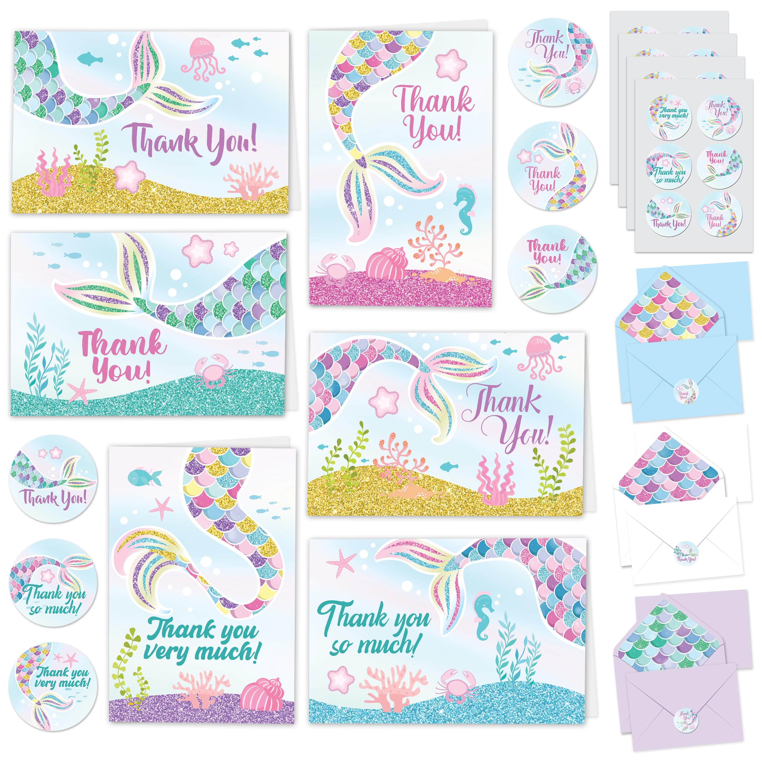 Decorably 30 Pack Glittery 4.9x3.5in Mermaid Thank You Cards with Envelopes and Stickers, 6 Sparkly Designs, Blank Inside, Baby Shower, Weddings, Birthdays