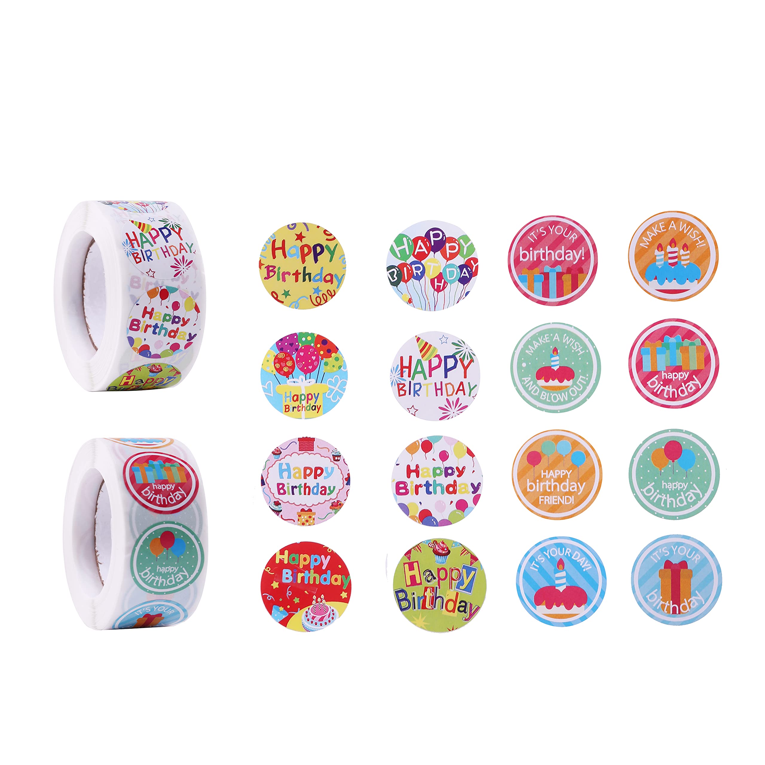 (1000pcs 2 Rolls,1") Happy Birthday Stickers Roll in 16 Designs, Adorable Round Seal Stickers, Envelope Seal Sticker Self Adhesive Stickers Pasters for Gift Packaging, Party Invitations and MORE