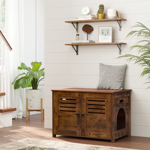 DINZI LVJ Wall Shelves, 23.6 x 7.9 x 6.0 Inch Floating Shelves for Wall, Set of 2, Easy-to-Install Wall Storage Ledges with Sturdy Metal Brackets for Living Room, Bathroom, Kitchen, Rustic Brown